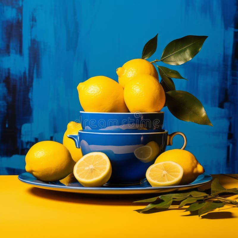 Lemons and Lemons in a Blue Cup on a Yellow Background Stock ...