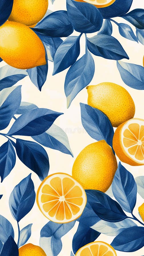 Lemons and Blue Leaves Pattern on Light Background, Fresh and Vibrant ...
