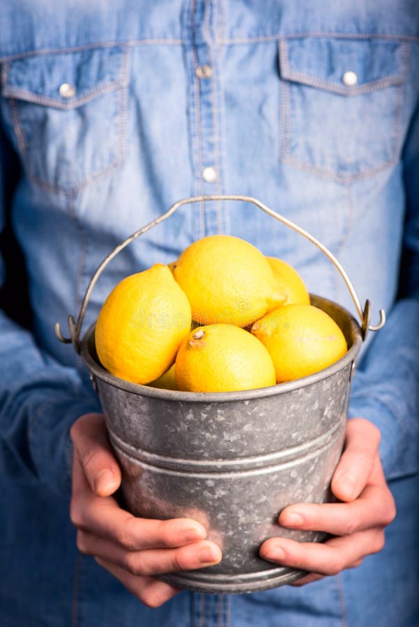 Lemons bucket in hands stock photo. Image of vegetarian - 85229098