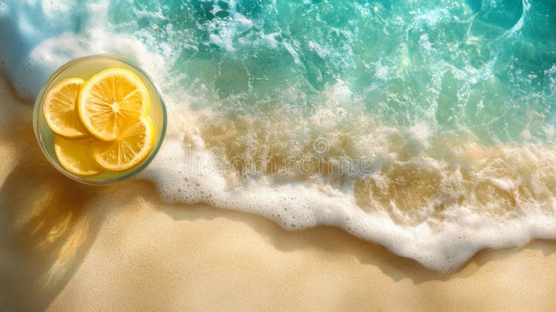 Lemons in a Glass on Sandy Beach with Ocean Waves Stock Illustration ...