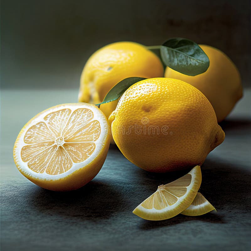 Fresh Lemons and Lemon Slices on a Green Table Stock Illustration ...