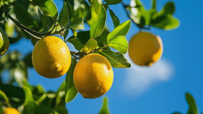 Lemons Hanging from an Lemons Tree on a Blue Sky Stock Image - Image of ...