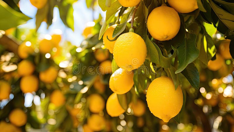 Lemons Hanging from a Tree in a Grove Zoomed in Stock Illustration ...