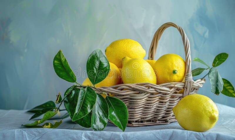 Lemons and Lemon Leaves in a Rustic Basket on a Light Blue Background ...