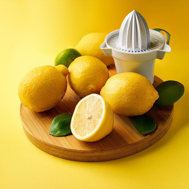 Lemons with Lemon Squeezer Against a Yellow Background. Stock Image ...
