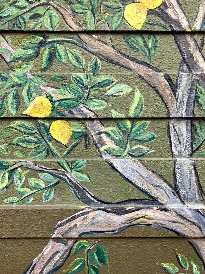 Lemons on Lemon Tree in Colourful Mural on Wall Stock Image - Image of ...