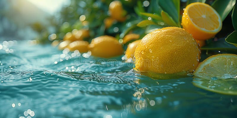 Lemons Lined Up Neatly on the Edge of a Crystal Clear Pool Stock Image ...