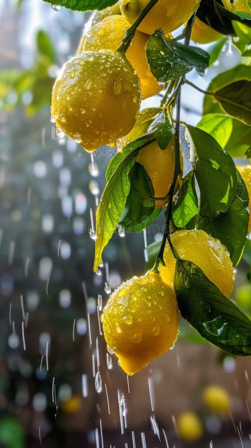 Shiny Yellow Lemon Water Droplets Green Leaves Stock Photos - Free ...
