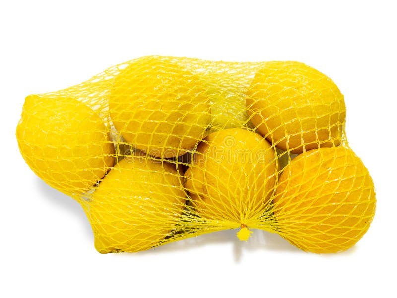 Lemons in Yellow Plastic Net Isolated on White Stock Photo - Image of ...