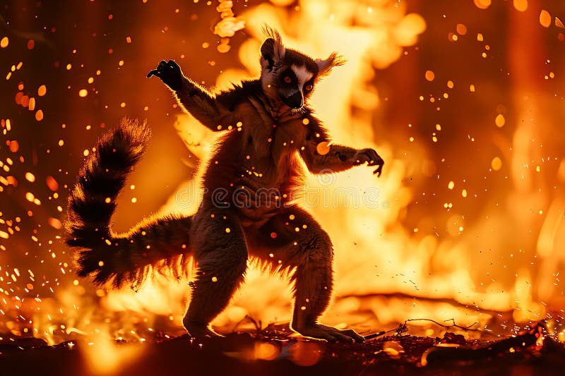 Lemur Dances Amidst Crackling Flames, Surrounded by Glowing Embers and ...
