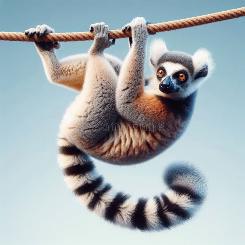 The Lemur is Hanging on a Rope. Space for Text. Stock Photo - Image of ...