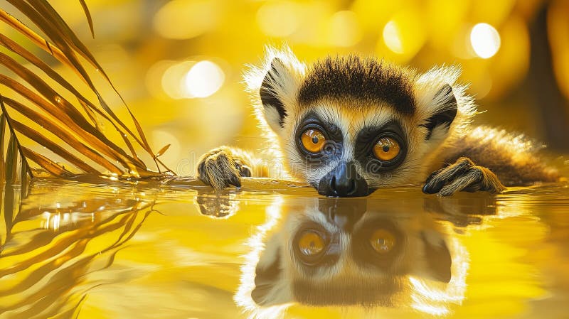 Lemur in Leaf Float, Yellow Shades, Palm Reflections . Stock Image ...