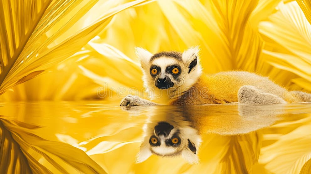 Lemur in Leaf Float, Yellow Shades, Palm Reflections . Stock Photo ...
