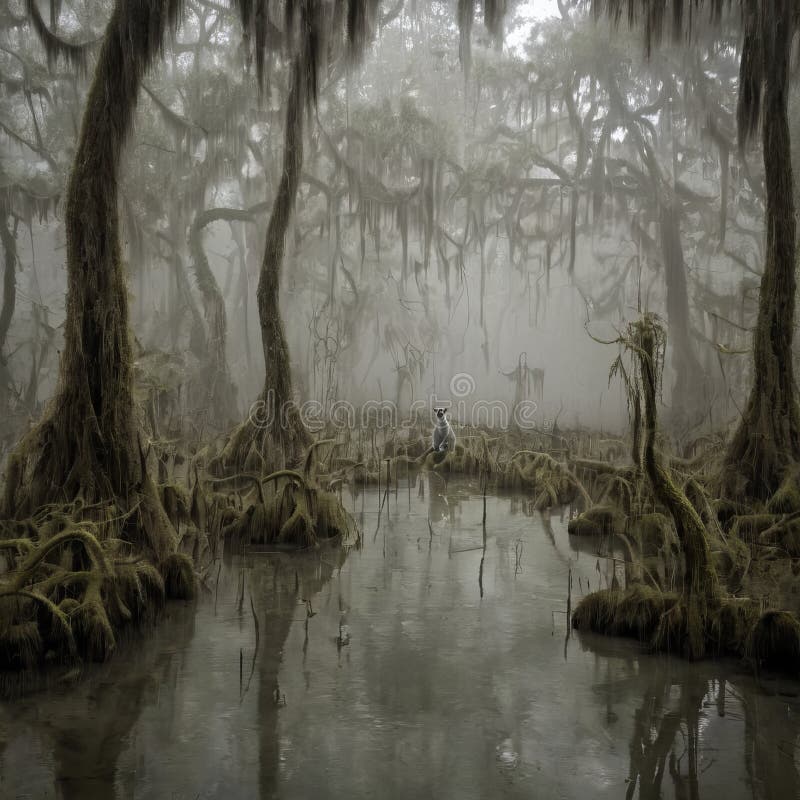 Lemur Navigating through a Mystical Swamp with Eerie Twisted Trees ...