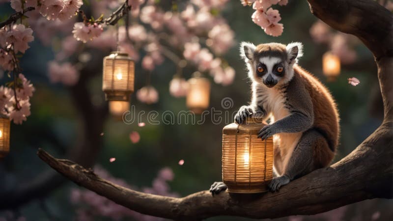 Adorable Ring-tailed Lemur Posing with Glowing Lanterns Under Cherry ...