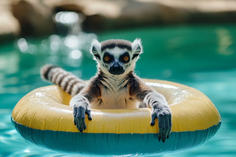 Lemur Sitiing on Yellow Float in Swimming Pool Stock Illustration ...