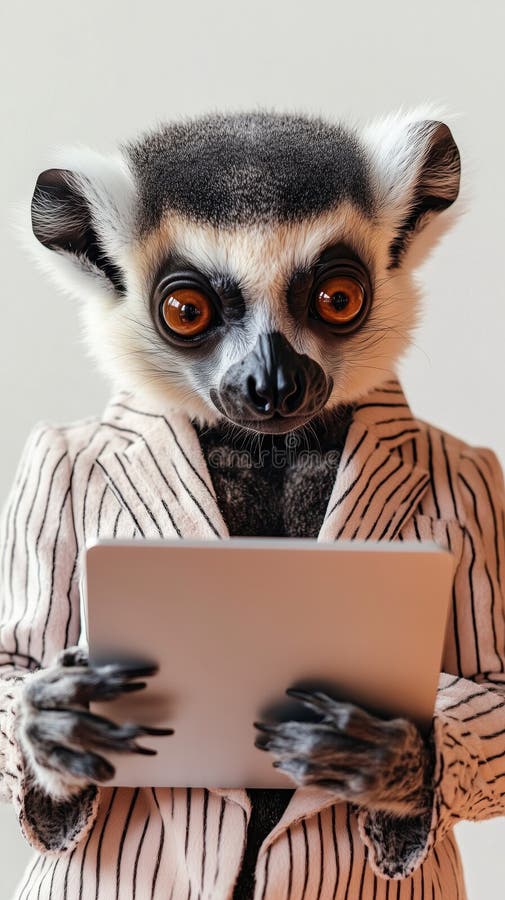 Lemur in Stylish Striped Suit Holding Tablet, Exuding Confidence Stock ...