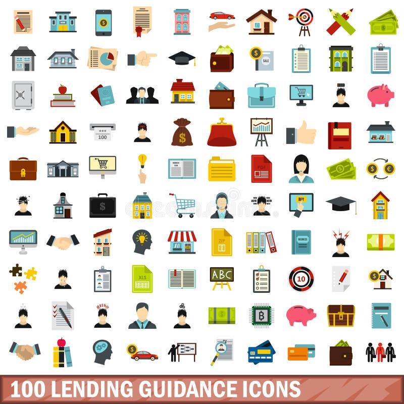 100 Lending Guidance Icons Set, Flat Style Stock Vector - Illustration ...