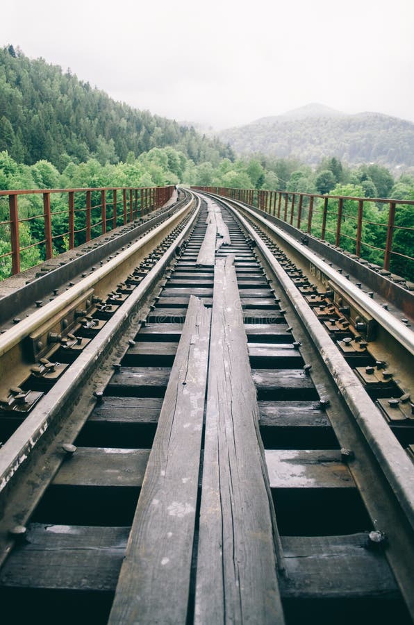 The Length of the Railway Track on a Bridge in Mountains Stock Image ...