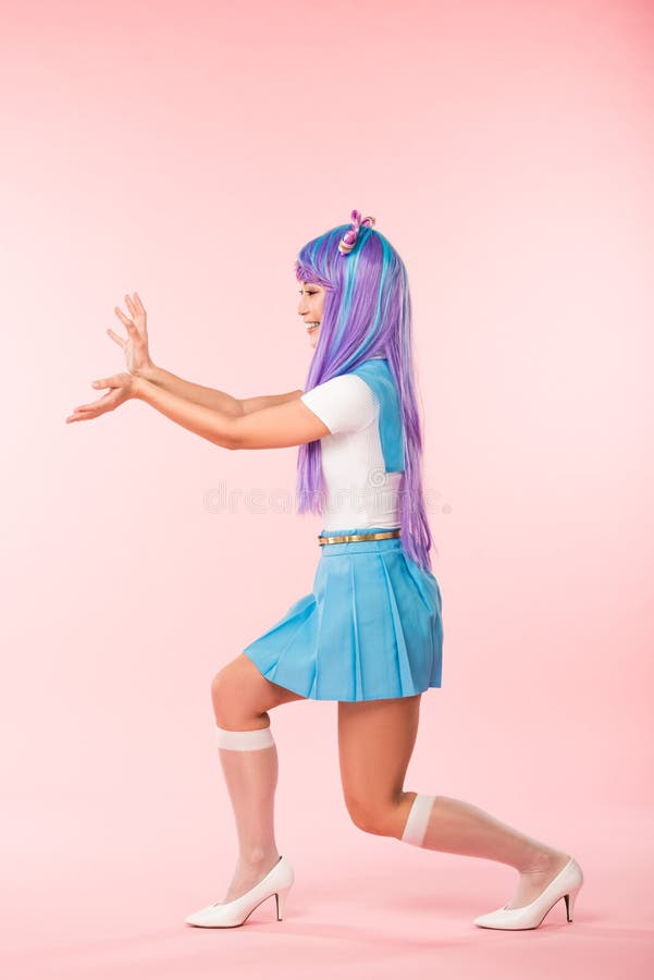 Length View of Smiling Otaku Girl in Purple Wig Posing on Pink Stock ... Length View of Smiling Otaku Girl in Purple Wig Posing on Pink Stock ...