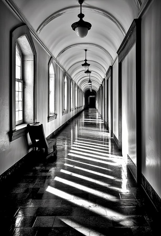 A Long Hallway with a Chair in the Middle of it Stock Photo - Image of ...