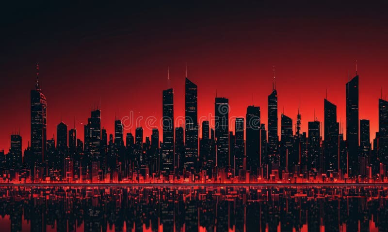 City Skyline with Red Lights and Reflections Stock Illustration ...