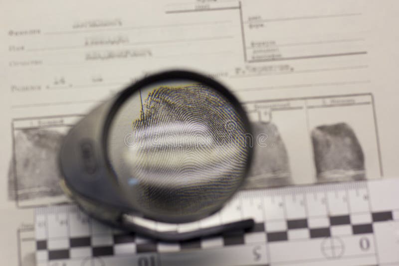 Lens, Fingerprints and Forensic Ruler on Fingerprint Card Stock Photo ...