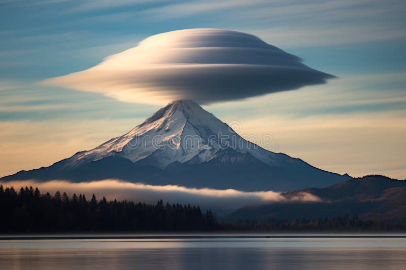 Lenticular Clouds Creating an Optical Illusion of a Floating Mountain Peak Stock Illustration ...