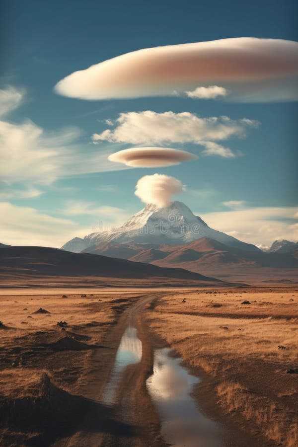Lenticular Clouds Hovering Above a Remote Landscape Stock Illustration ...