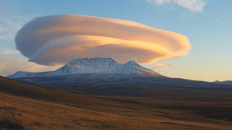 Lenticular Clouds Hovering Over Snowy Mountain Range Stock Illustration ...