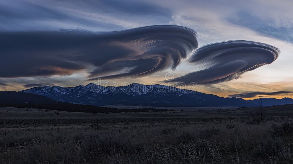 Lenticular Clouds Over Mountain Range at Sunset Stock Image - Image of ...