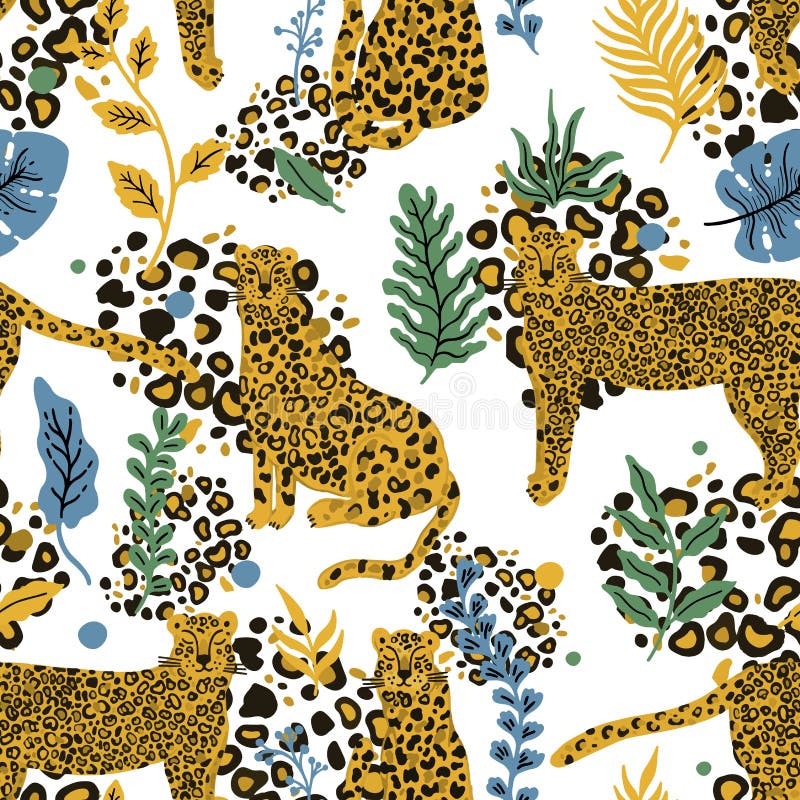 Leopard Animal Seamless Pattern. Tropical Plant Leaves Background Stock ...