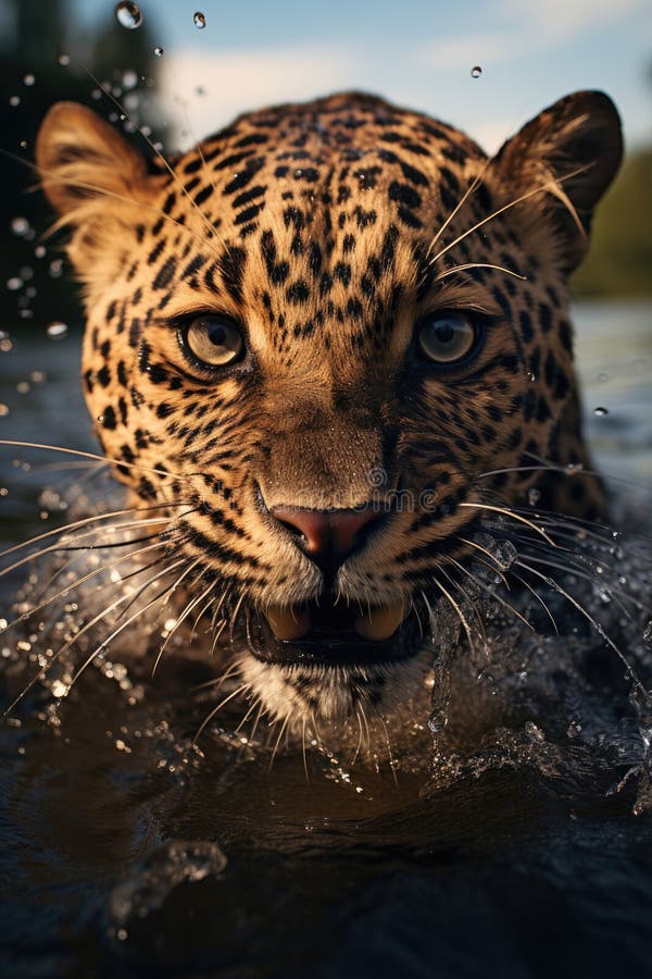 Closeup of a Leopard Face Swimming in a River and Rising from the ...