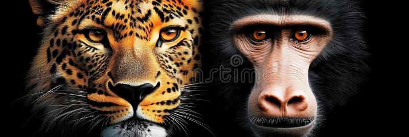 Leopard and Baboon, Close-Up Portrait of a Big Cat and a Primate on a ...