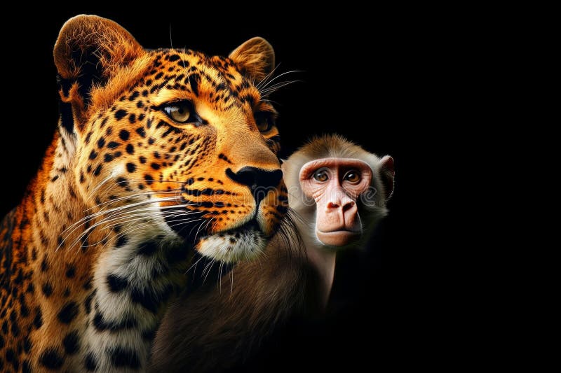 Leopard and Baboon. Striking Portrait of Wild Animals Against a Deep ...
