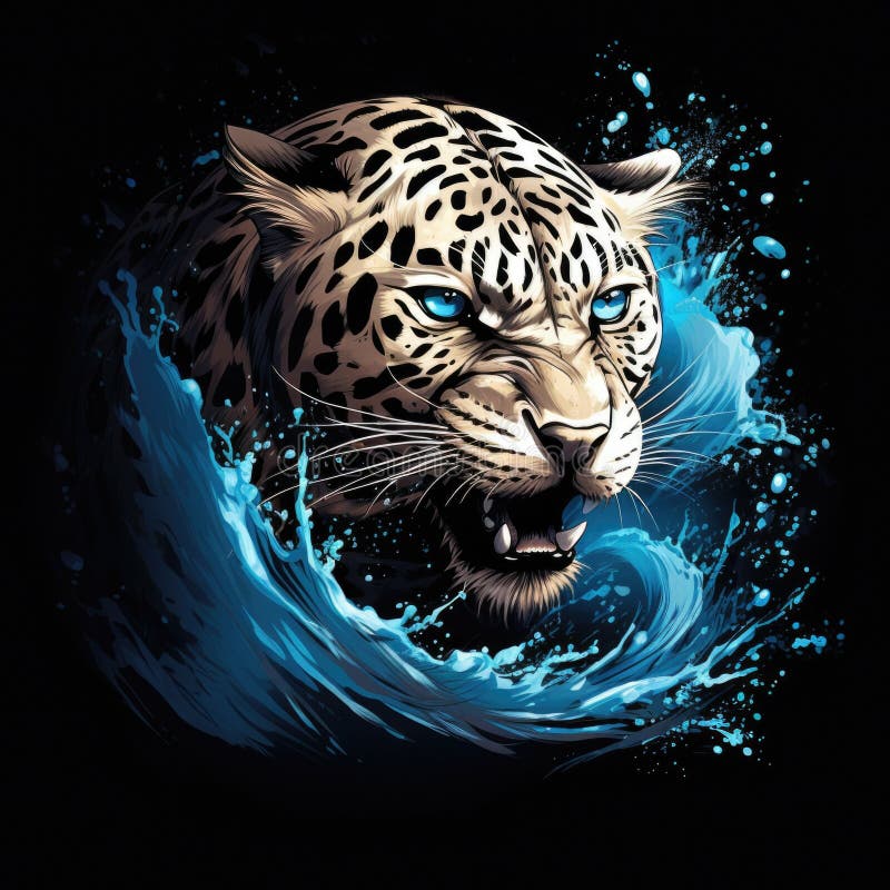 A Leopard with Blue Eyes is in the Water. Stock Illustration ...