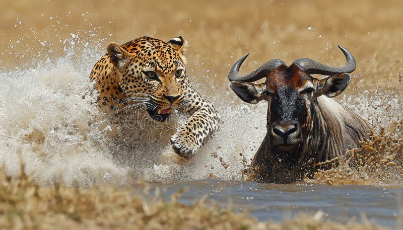 A Leopard is Chasing a Wildebeest in a River Stock Photo - Image of ...