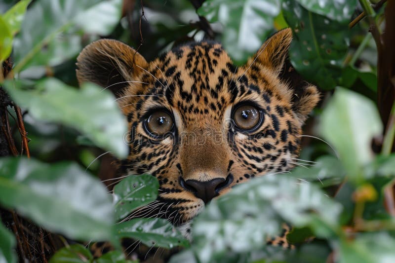 Leopard Cub Looks Out from Tropical Vegetation in the Jungle Stock ...