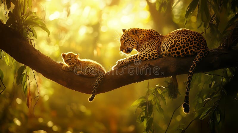 A Leopard and Cub Rest on a Tree Branch in the Sunlit Jungle, Embodying ...