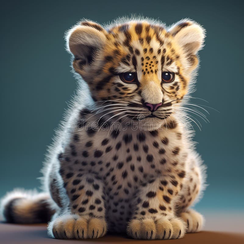 A Leopard Cub is Sitting Isolated on Blue Background. Cute Spotted ...