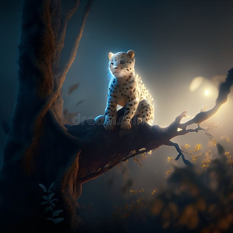 Leopard Cub Sitting on a Tree Branch in the Forest at Night Generative ...