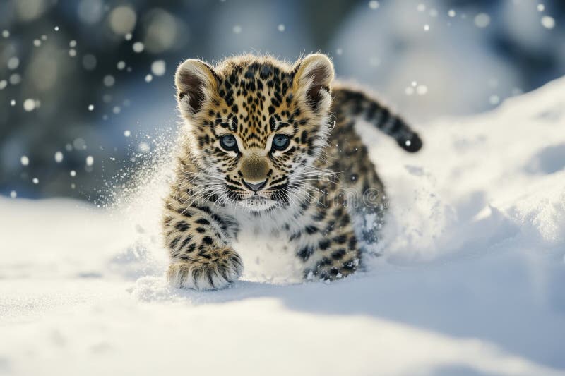 Cute Snow Leopard Cub Hugging Heart White Snow Leopard Cub with Blue ...