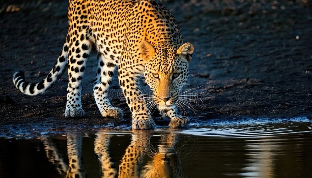 Leopard Drinking Water while Looking at Its Reflection in a Calm Pond ...