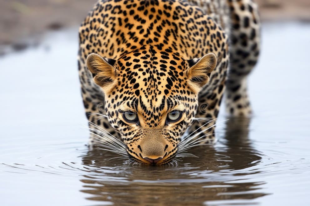 A Leopard Drinking Water from a Pond Stock Image - Image of ...