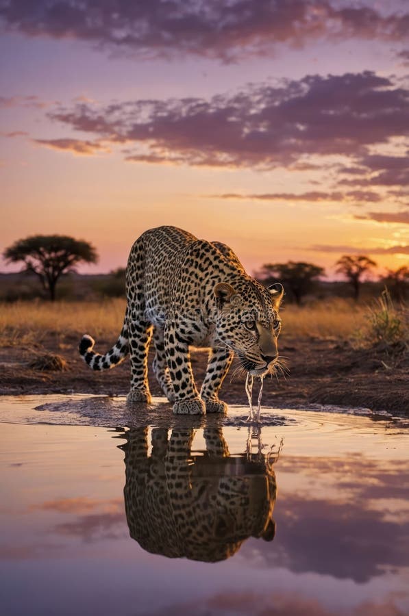 Majestic Leopard at Sunset Drinking Water in African Savanna Stock ...