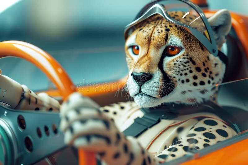 A Leopard is Driving a Race Car with a Yellow Helmet on with Generative ...