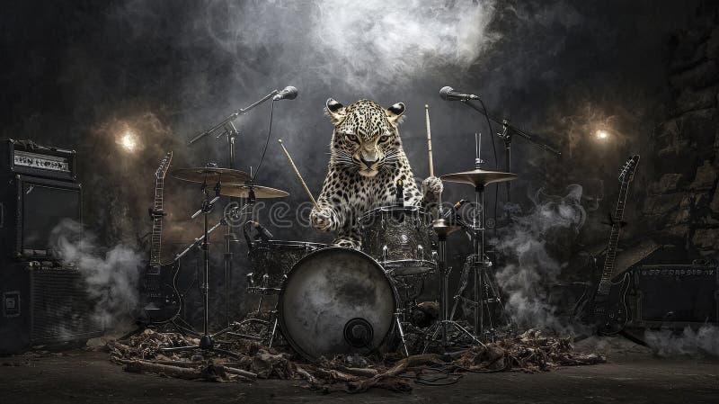 Leopard Drumming in Rock Band Setting Underground Stage High-energy ...