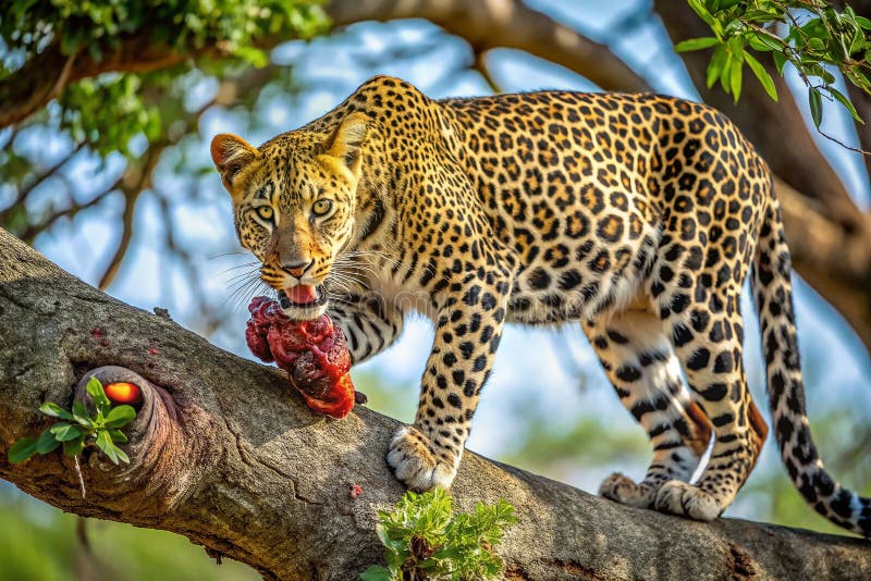 Leopard Eating Kill in African Savanna Tree Stock Illustration ...
