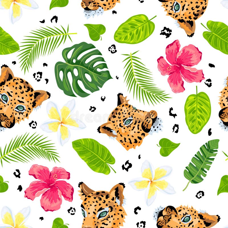 Leopard Faces with Jungle Leaves, Tropical Flowers Seamless Pattern ...