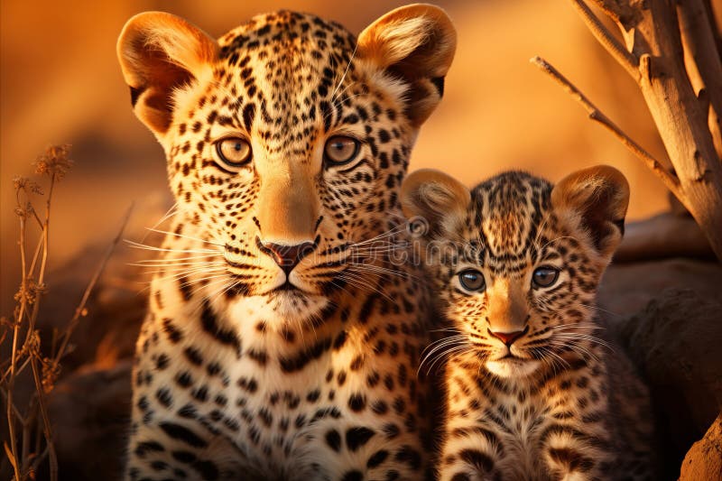 Leopard Family in African Savannah at Sunset Stock Illustration ...